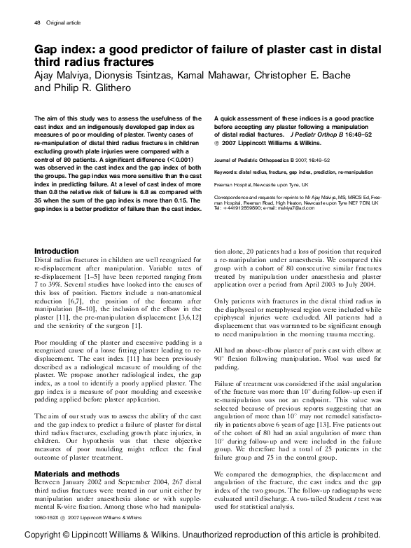 (PDF) Gap index: a good predictor of failure of plaster cast in distal ...