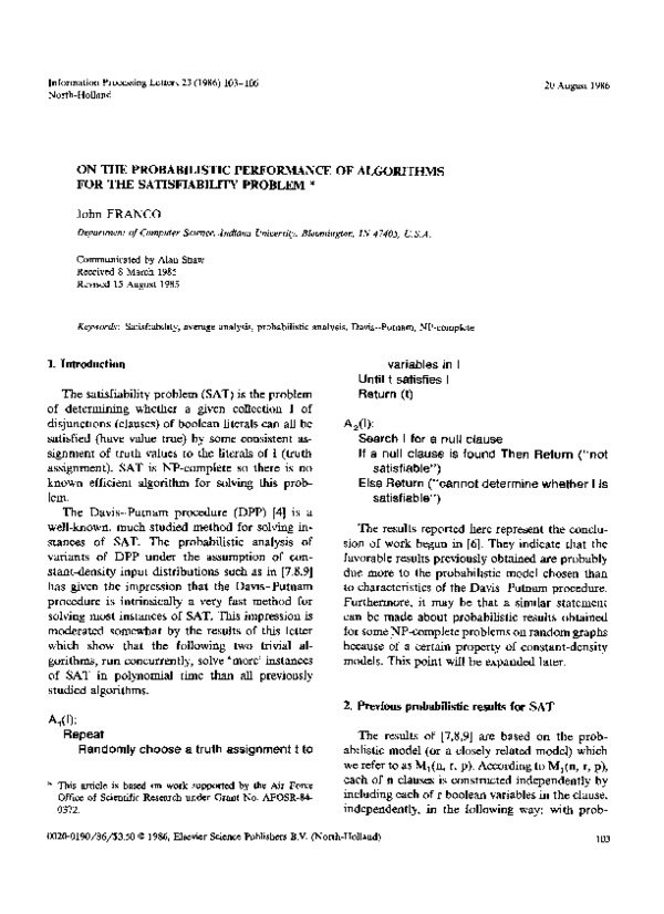 (PDF) On the Probabilistic Performance of Algorithms for the Satisfiability Problem