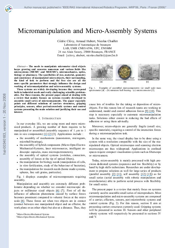 (PDF) Micromanipulation and Micro-Assembly Systems