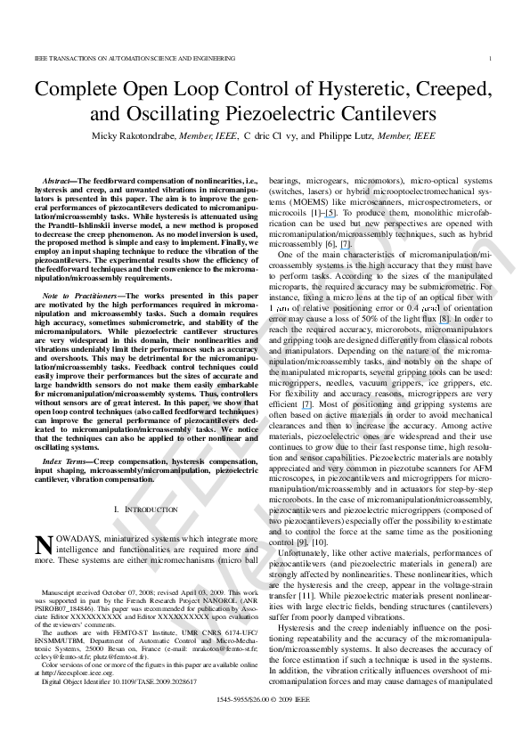 (PDF) Complete Open Loop Control of Hysteretic, Creeped, and Oscillating Piezoelectric Cantilevers