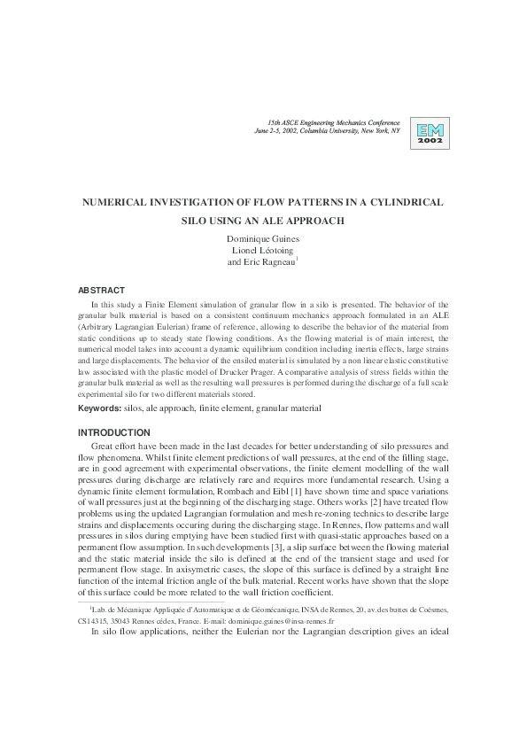 (PDF) NUMERICAL INVESTIGATION OF FLOW PATTERNS IN A CYLINDRICAL SILO USING AN ALE APPROACH