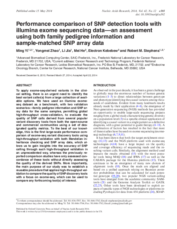 Pdf Performance Comparison Of Snp Detection Tools With Illumina Exome