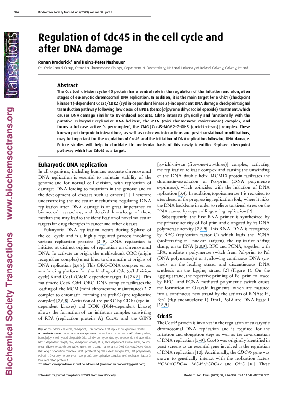 (PDF) Regulation of Cdc45 in the cell cycle and after DNA damage