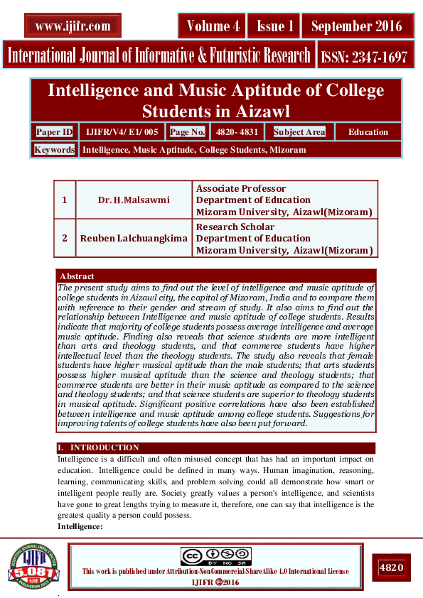 (PDF) Intelligence and Music Aptitude of College Students in Aizawl ...