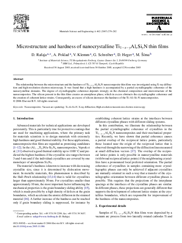(PDF) Microstructure and hardness of nanocrystalline Ti 1− x− y Al x Si ...