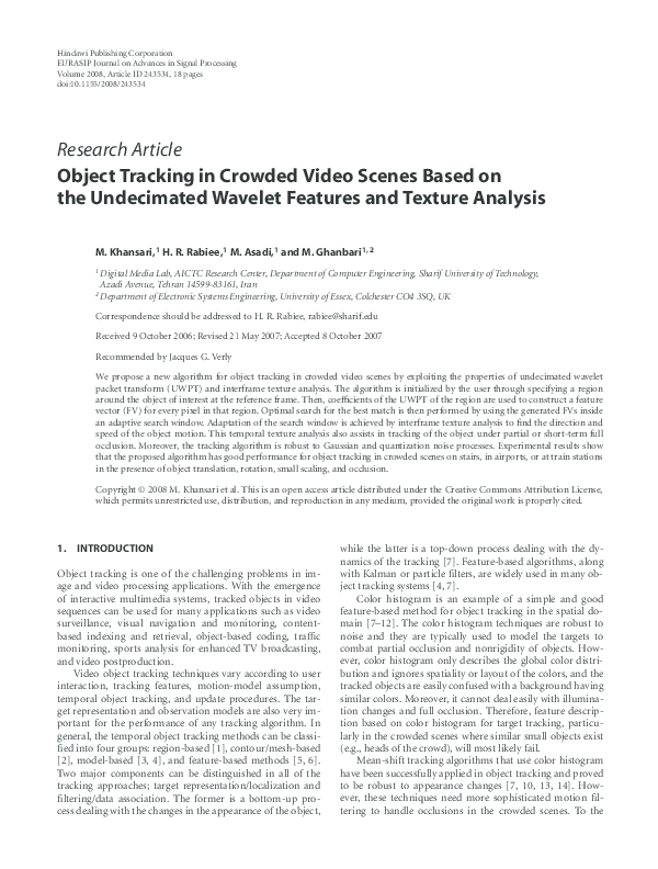 (PDF) Object Tracking in Crowded Video Scenes Based on the Undecimated Wavelet Features and ...