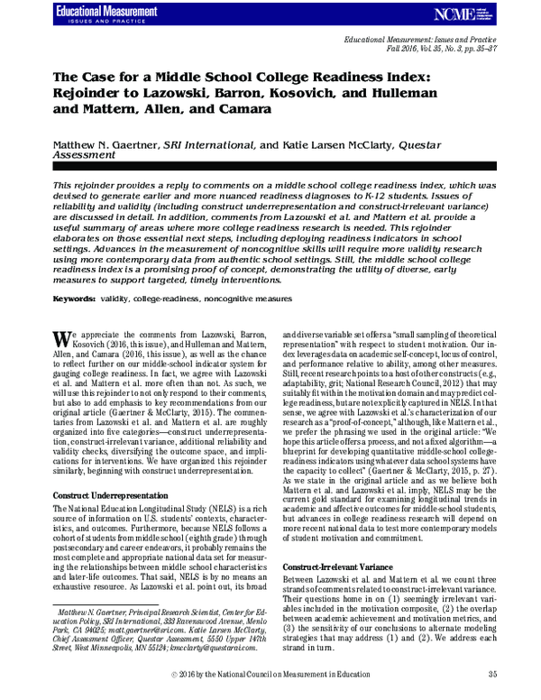 (PDF) The Case for a Middle School College Readiness Index