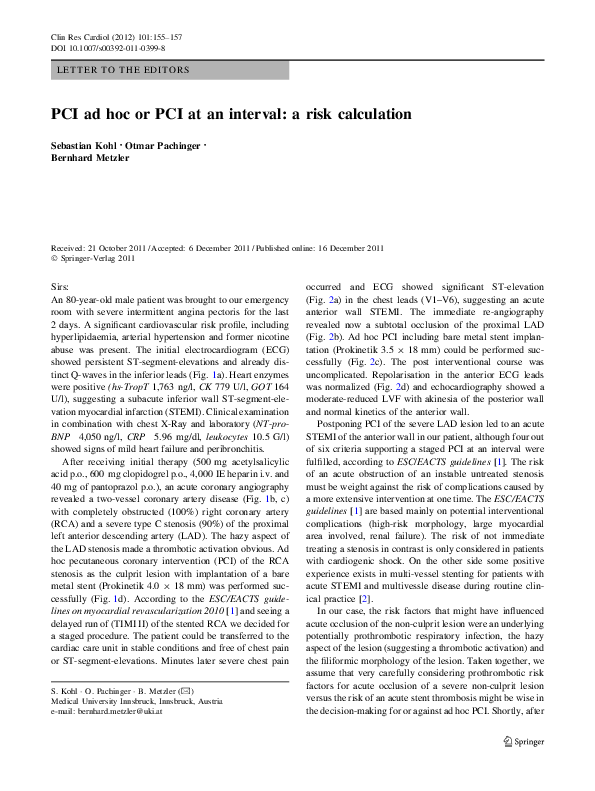 (PDF) PCI ad hoc or PCI at an interval: a risk calculation