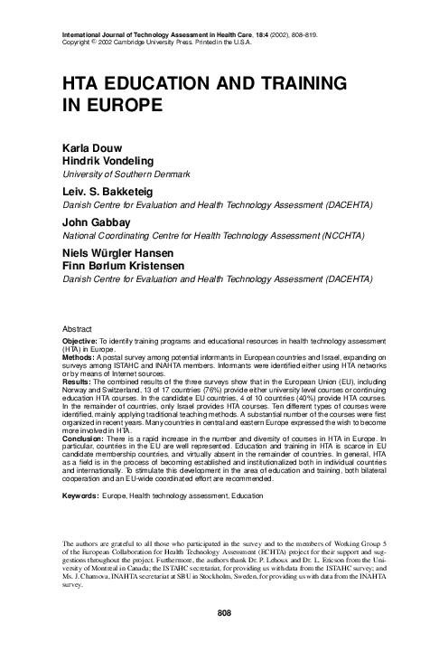 (PDF) HTA EDUCATION AND TRAINING IN EUROPE