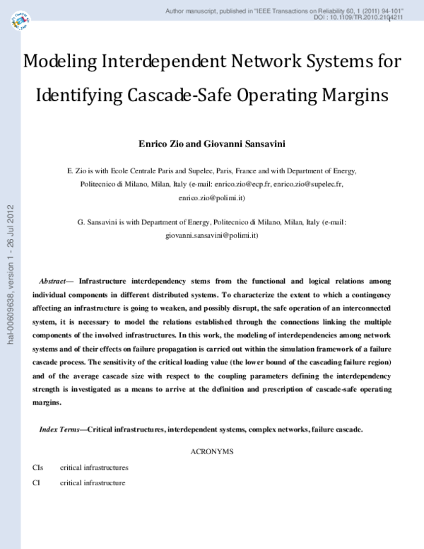 (PDF) Modeling Interdependent Network Systems for Identifying Cascade-Safe Operating Margins