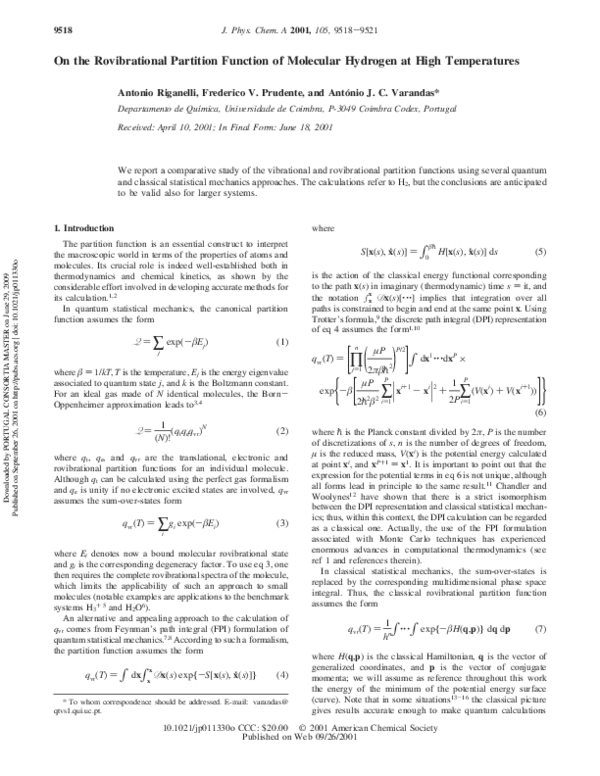 (PDF) On the Rovibrational Partition Function of Molecular Hydrogen at High Temperatures