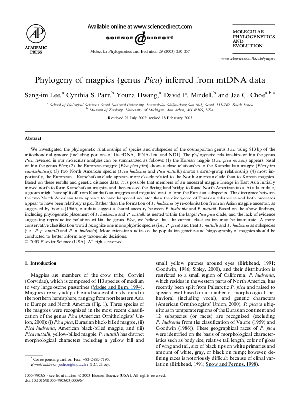 (PDF) Phylogenetic Relationships of Magpies (Genus Pica) Based on mtDNA