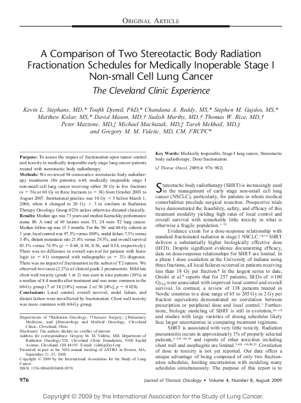 (PDF) A Comparison of Two Stereotactic Body Radiation Fractionation Schedules for Medically ...