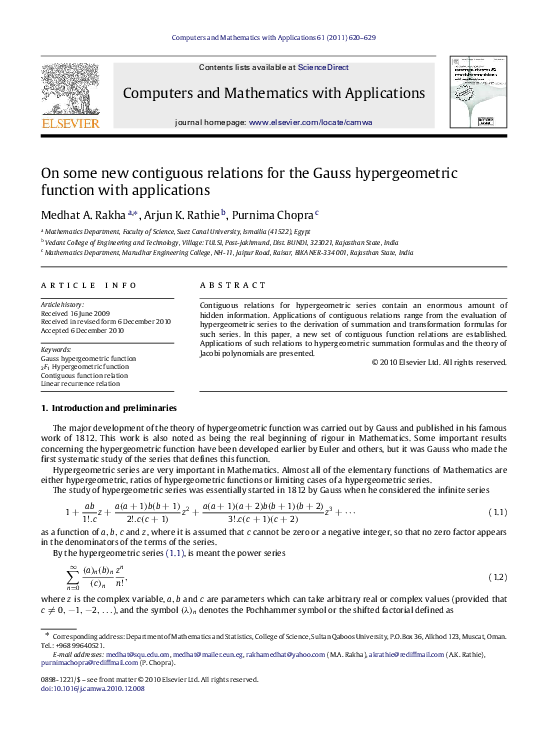 (PDF) On some new contiguous relations for the Gauss hypergeometric function with applications