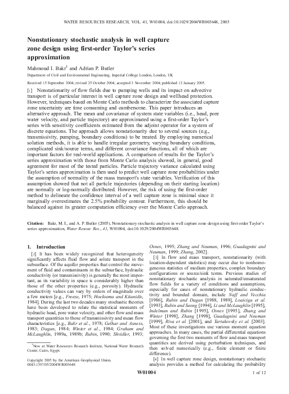 (PDF) Nonstationary stochastic analysis in well capture zone design using first-order Taylor's ...