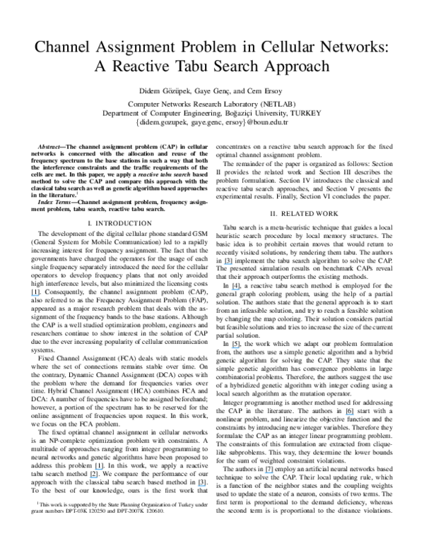 (PDF) Channel assignment problem in cellular networks: A reactive tabu search approach