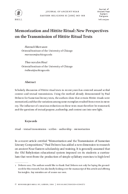 (PDF) Memorization and Hittite Ritual: New Perspectives on the ...