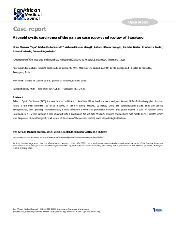 Pdf Adenoid Cystic Carcinoma Of The Palate Case Report And Review Of Literature Nishanth