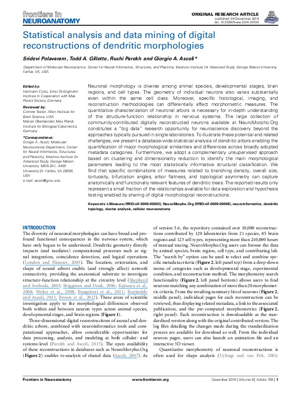 Pdf Statistical Analysis And Data Mining Of Digital Reconstructions