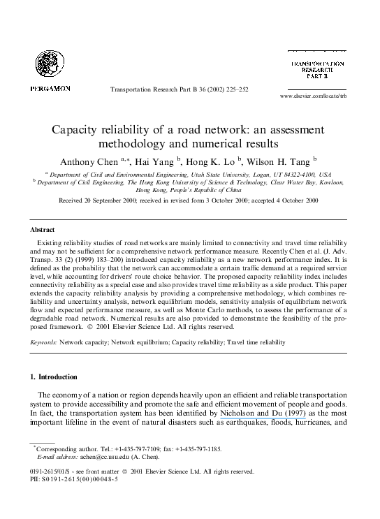 (PDF) Capacity reliability of a road network: an assessment methodology ...