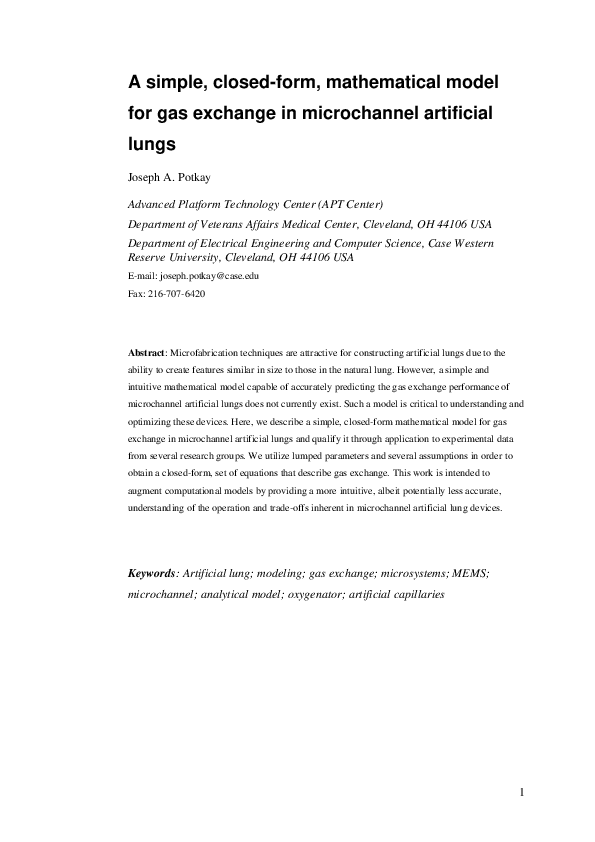 (PDF) A simple, closed-form, mathematical model for gas exchange in ...