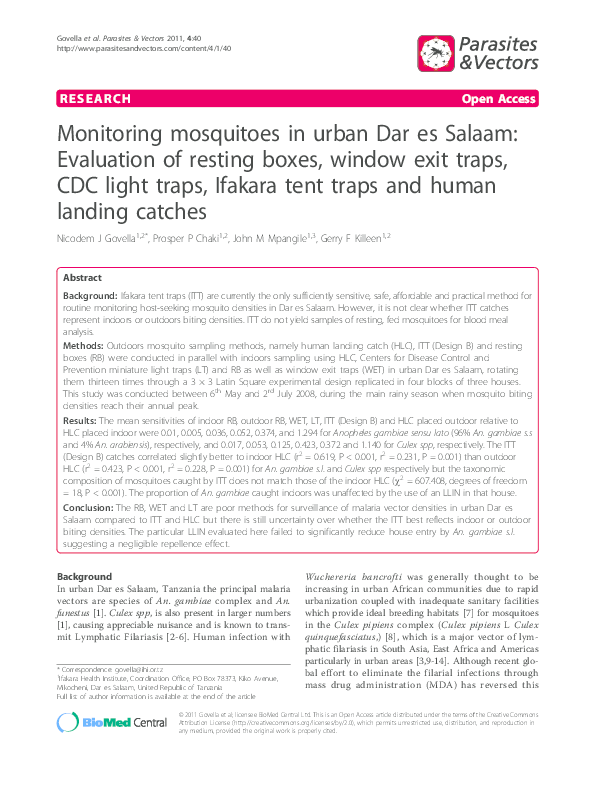 (PDF) Monitoring mosquitoes in urban Dar es Salaam: Evaluation of ...