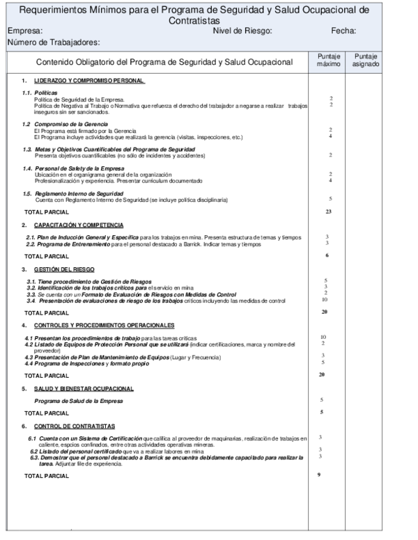 (PDF) Requerimientos Mínimos para el Programa de Seguridad y Salud Ocupacional de Contratistas