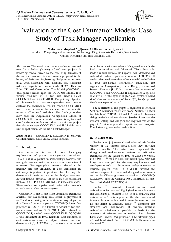 (PDF) Evaluation of the Cost Estimation Models: Case Study of Task ...