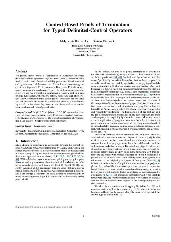 Pdf Context Based Proofs Of Termination For Typed Delimited Control Operators