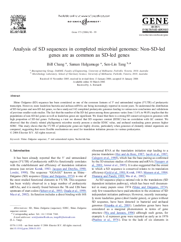 (PDF) Analysis of SD sequences in completed microbial genomes: non-SD ...