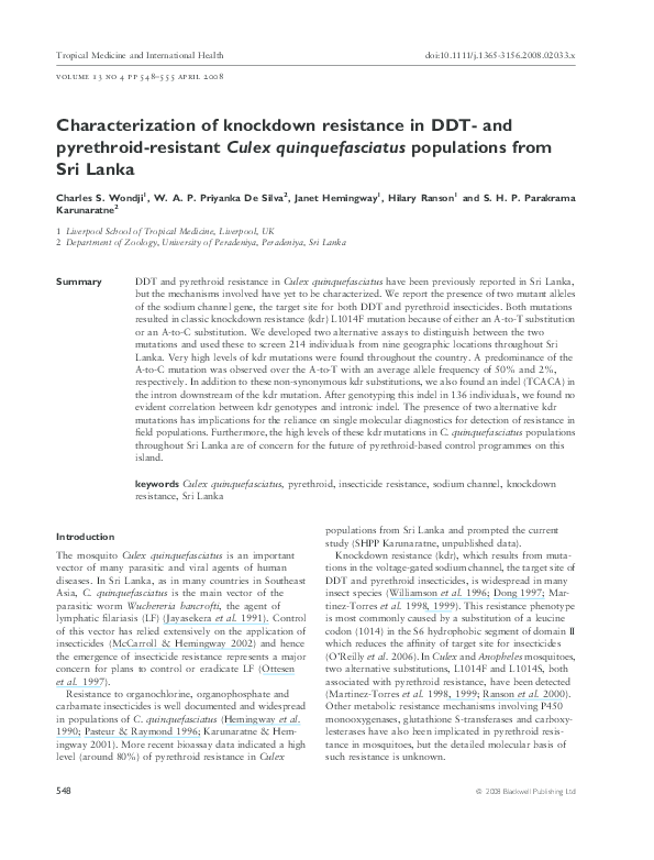 (PDF) Characterization of knockdown resistance in DDT and pyrethroid-resistant Culex ...
