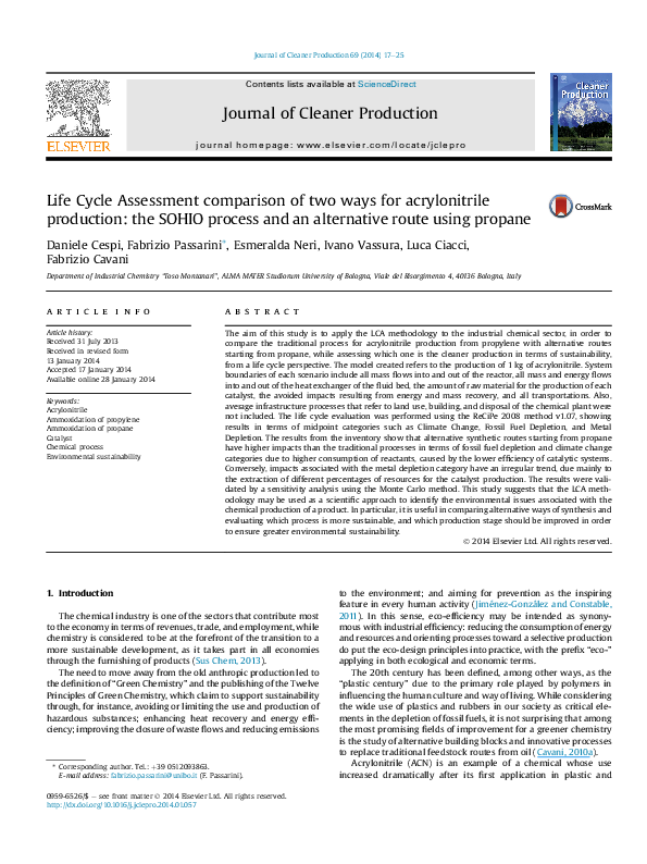 (PDF) Life Cycle Assessment comparison of two ways for acrylonitrile ...