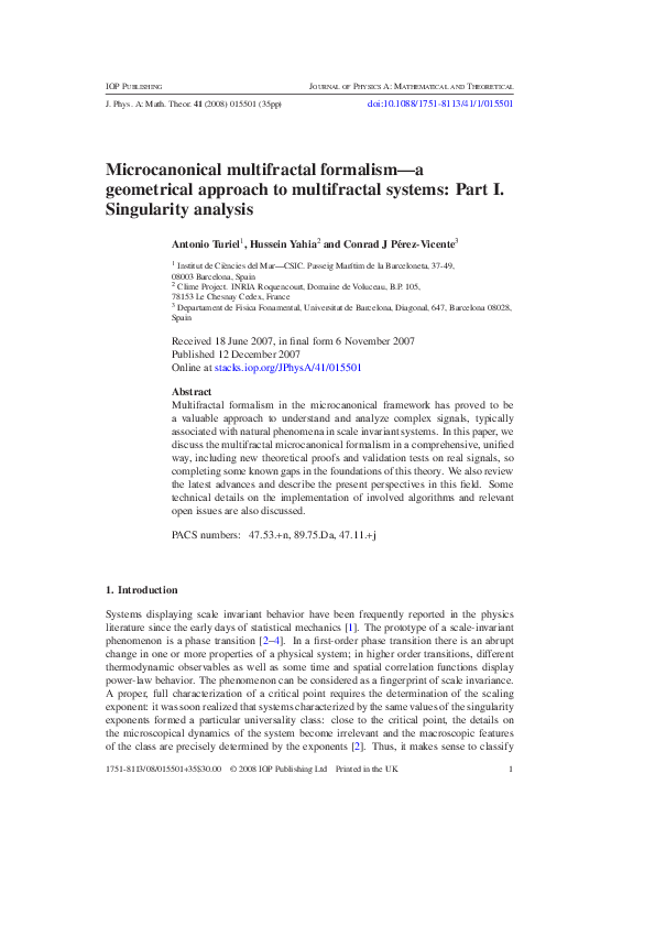 (PDF) Microcanonical multifractal formalism—a geometrical approach to multifractal systems: Part ...