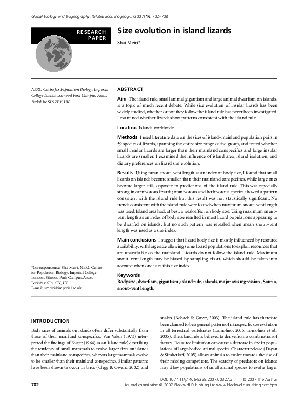 (PDF) Size evolution in island lizards