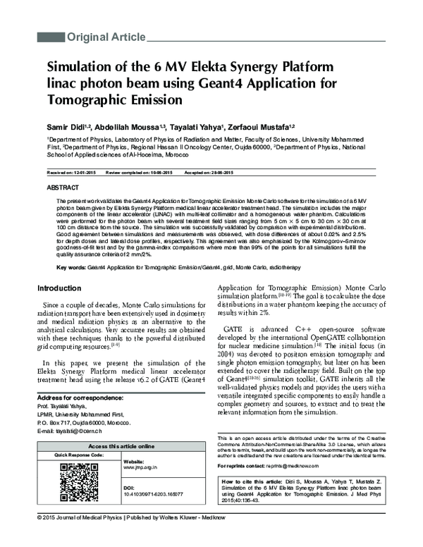 (PDF) Simulation of the 6 MV Elekta Synergy Platform linac photon beam using Geant4 Application ...
