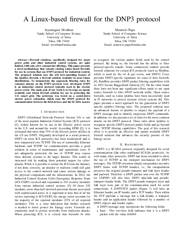 (PDF) Linux Firewall Solution for DNP3 Protocol