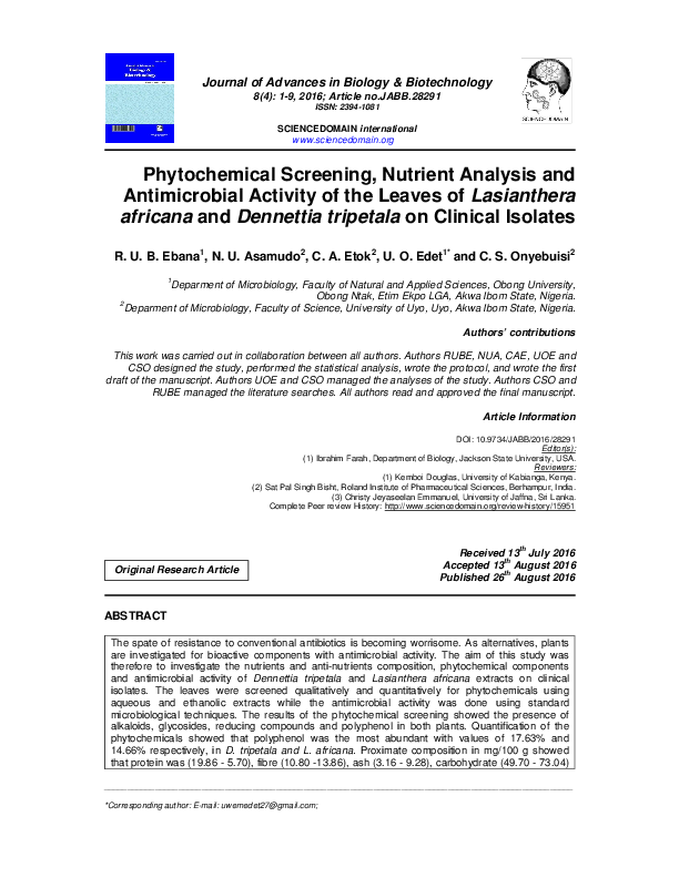 (PDF) Phytochemical Screening, Nutrient Analysis and Antimicrobial Activity of the Leaves of ...