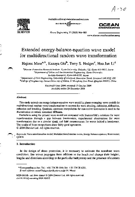 Pdf Extended Energy Balance Equation Wave Model For Multidirectional Random Wave Transformation