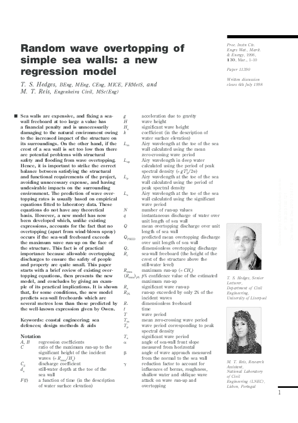 (PDF) Random Wave Overtopping of Simple Sea Walls: A New Regression Model