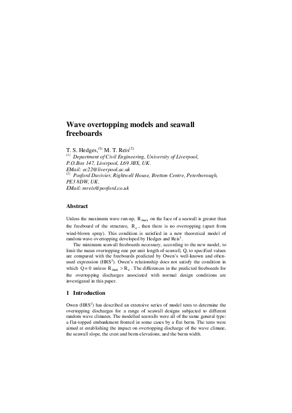 (PDF) Wave overtopping models and seawall freeboards
