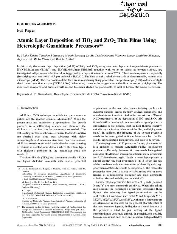 (PDF) Atomic Layer Deposition of TiO 2 and ZrO 2 Thin Films Using ...