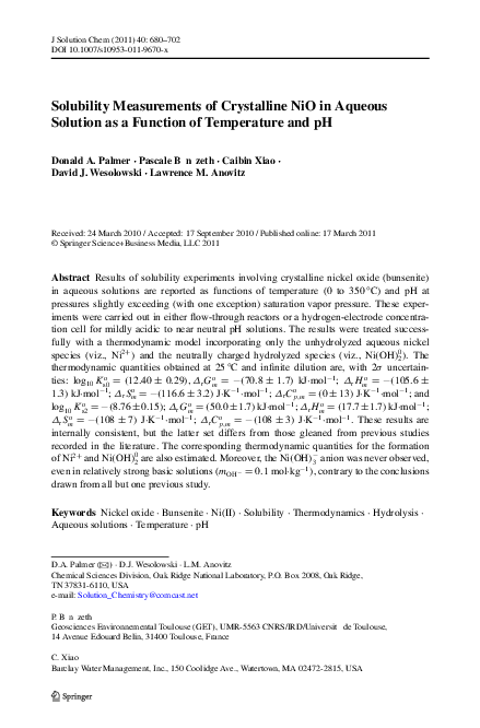 (PDF) Solubility Measurements of Crystalline NiO in Aqueous Solution as ...