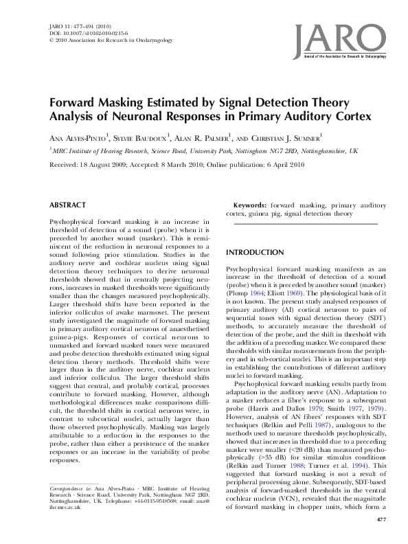 (PDF) Forward Masking Estimated by Signal Detection Theory Analysis of Neuronal Responses in ...