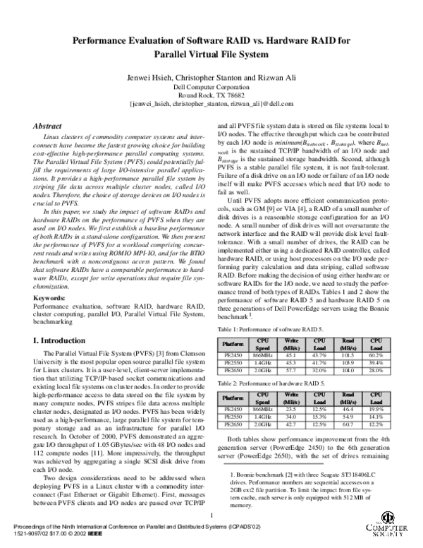 Pdf Performance Evaluation Of Software Raid Vs Hardware Raid For Parallel Virtual File System