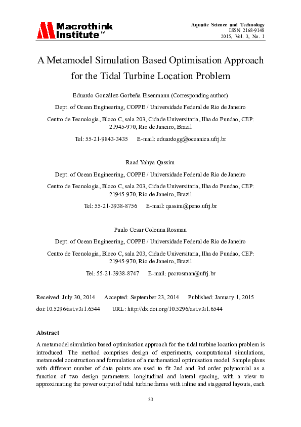 (PDF) Optimising Tidal Turbine Locations with Metamodels
