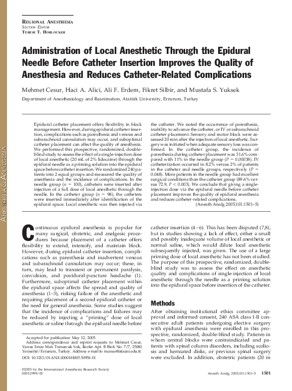(PDF) Administration of Local Anesthetic Through the Epidural Needle ...