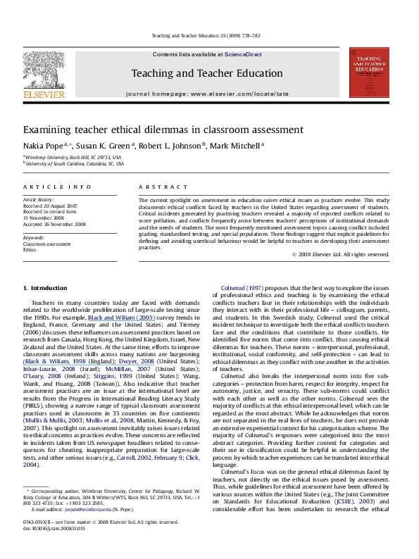 (PDF) Examining teacher ethical dilemmas in classroom assessment
