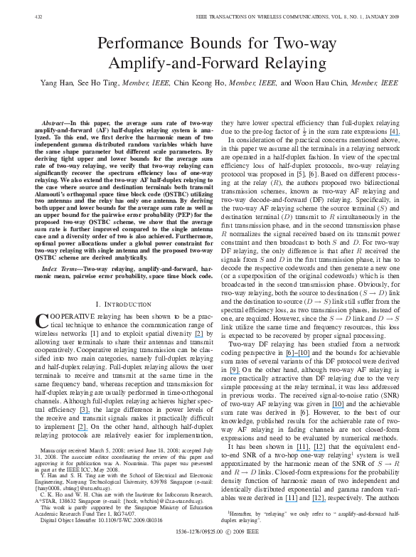 Pdf Performance Bounds For Two Way Amplify And Forward Relaying Based On Relay Path Selection