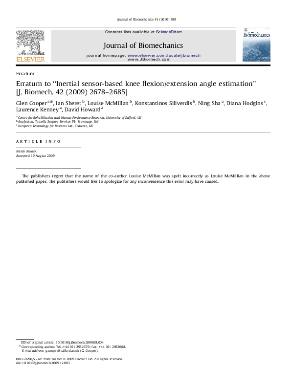 (PDF) Erratum to “Inertial sensor-based knee flexion/extension angle estimation
