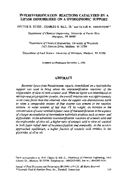 (PDF) INTERESTERIFICATION REACTIONS CATALYZED BY A LIPASE IMMOBILIZED ...